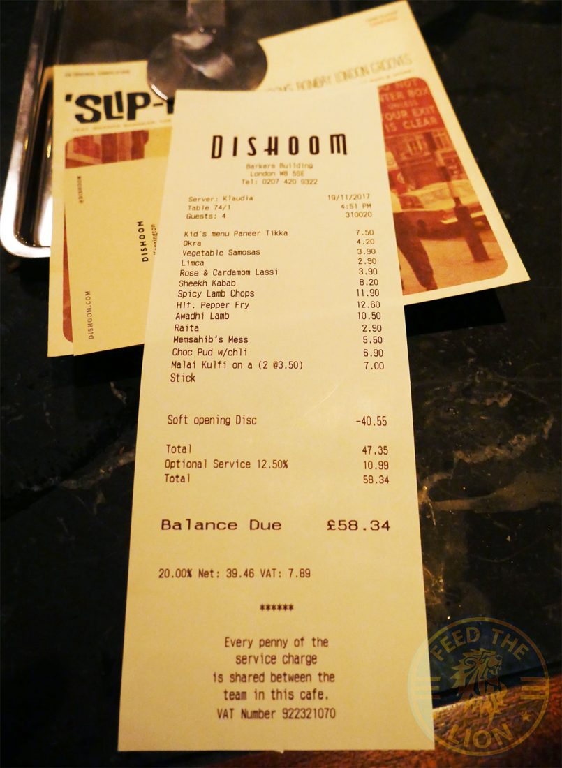 Dishoom Indian Halal restaurant Kensington London - Feed the Lion
