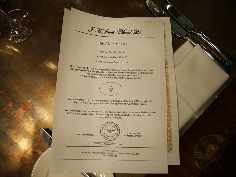 Mr White Chophouse certification Halal certificate HMC HFA - Feed the Lion