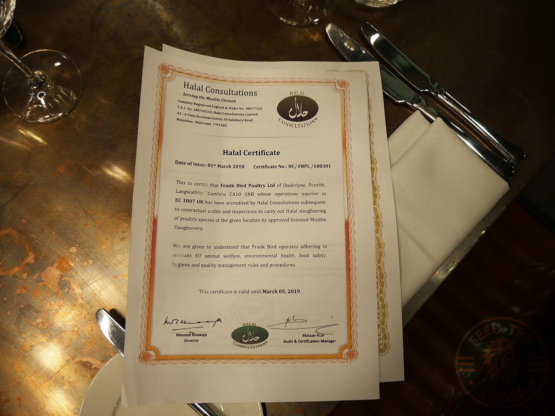 Mr White Chophouse certification Halal certificate HMC HFA - Feed the Lion